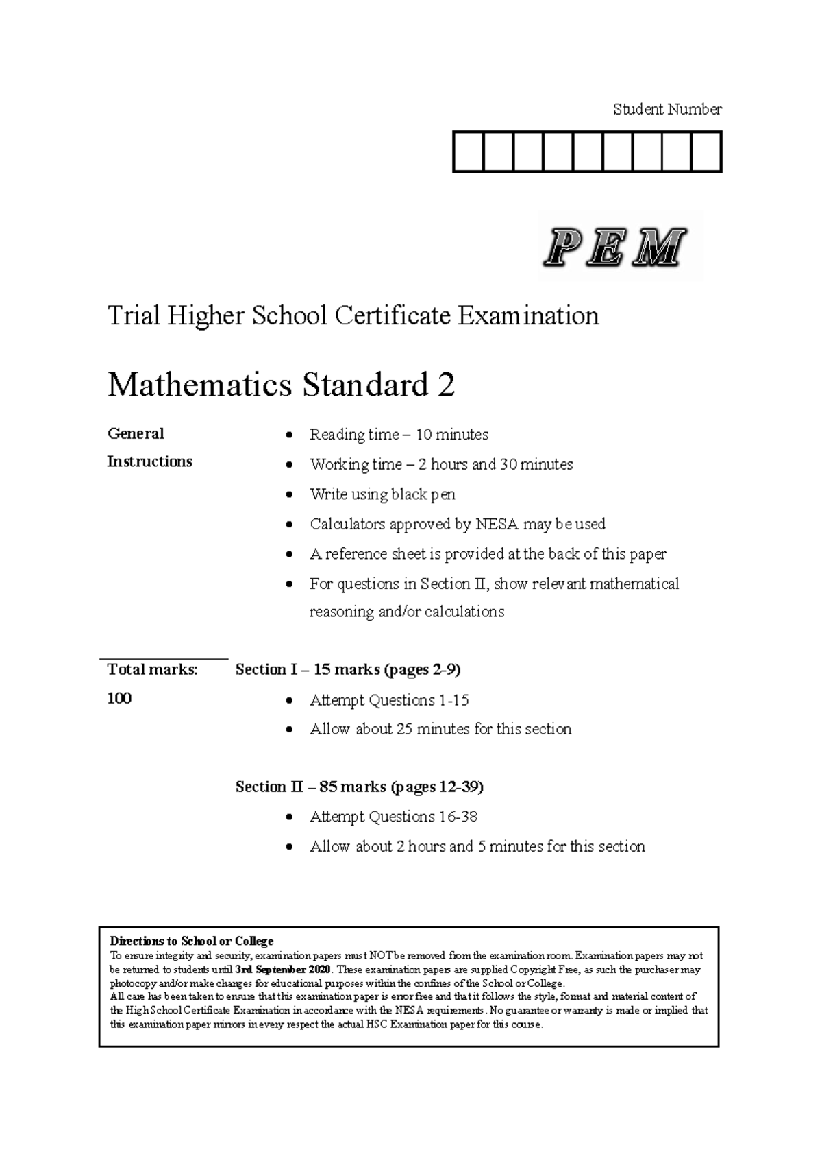PEM 2020 Standard 2 Trial HSC Exam Mathematics Paper - Studocu