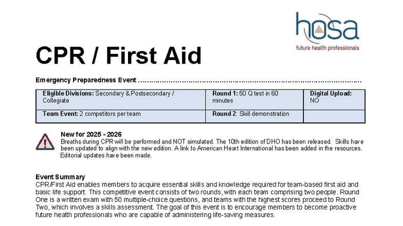 HOSA CPR First Aid ILC Guidelines 2025-2026: Team Event Overview - Studocu