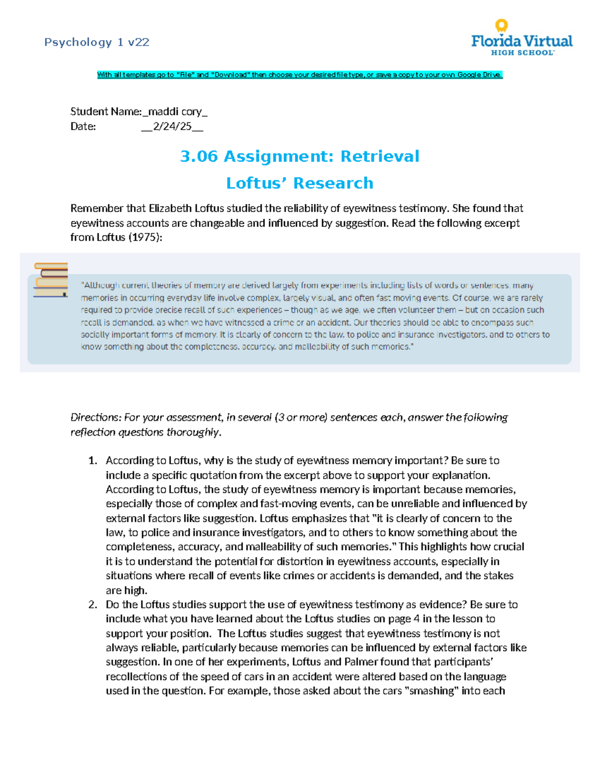 Psychology 1: Eyewitness Testimony Insights from Loftus (3.06 ...