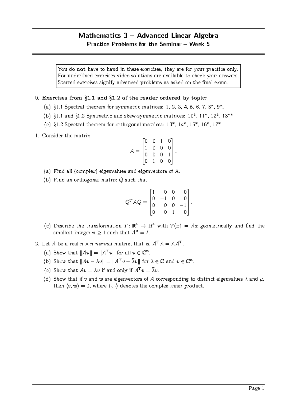 Mathematics 3: Advanced Linear Algebra Seminar 5 Practice Problems ...