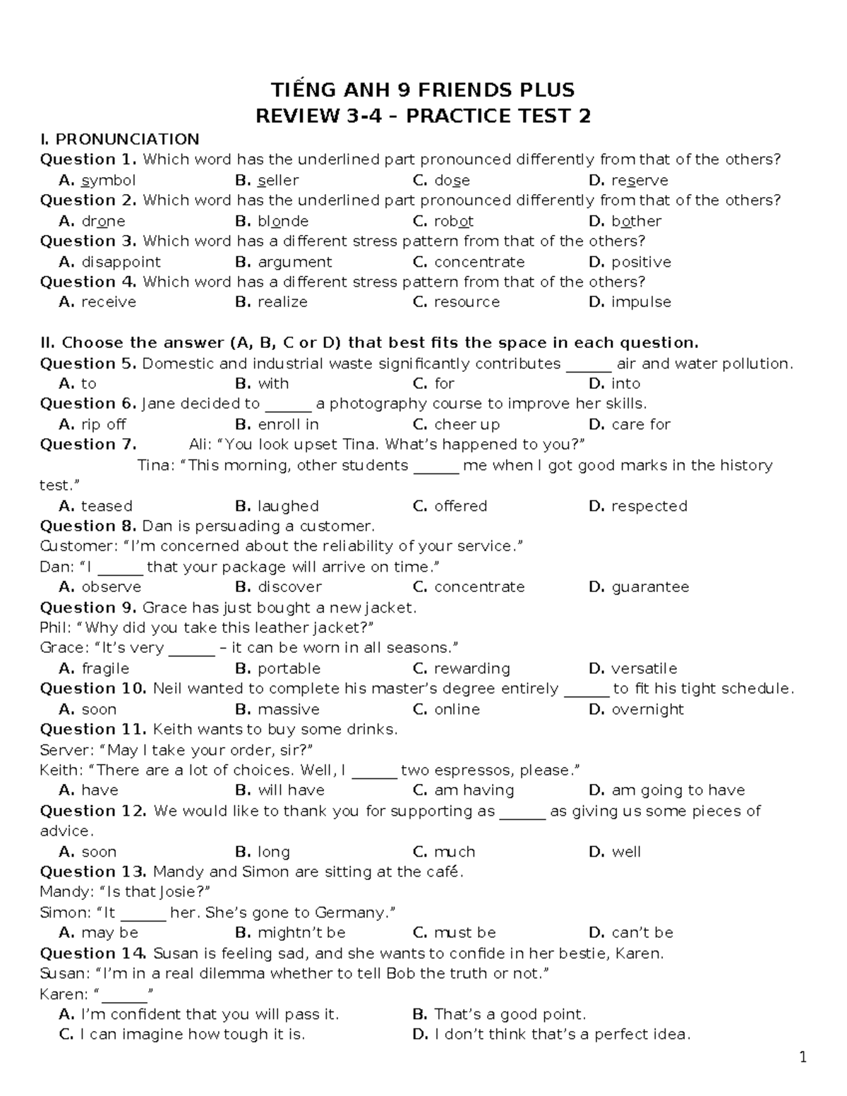 TIẾNG ANH 9 FRIENDS PLUS REVIEW PRACTICE TEST 2 - Studocu