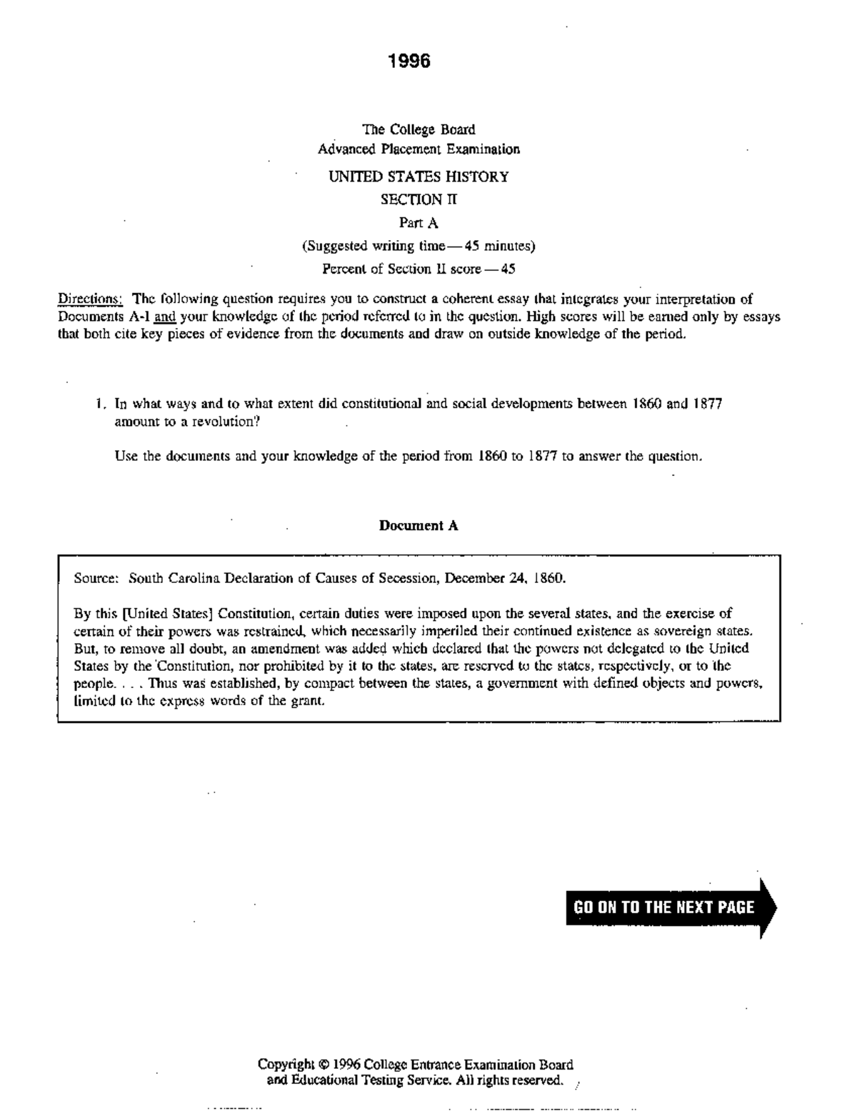1996 APUSH DBQ - Examining Reconstruction's Revolution (1860-1877 ...