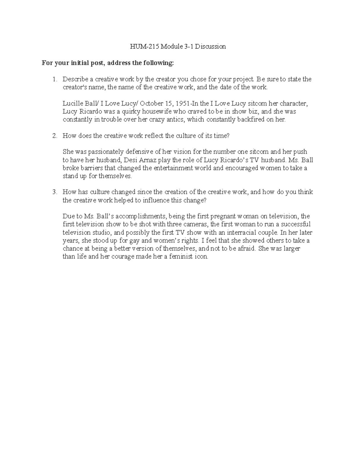 HUM-215 Module 3-1: Discussion on Lucille Ball's Cultural Impact - Studocu