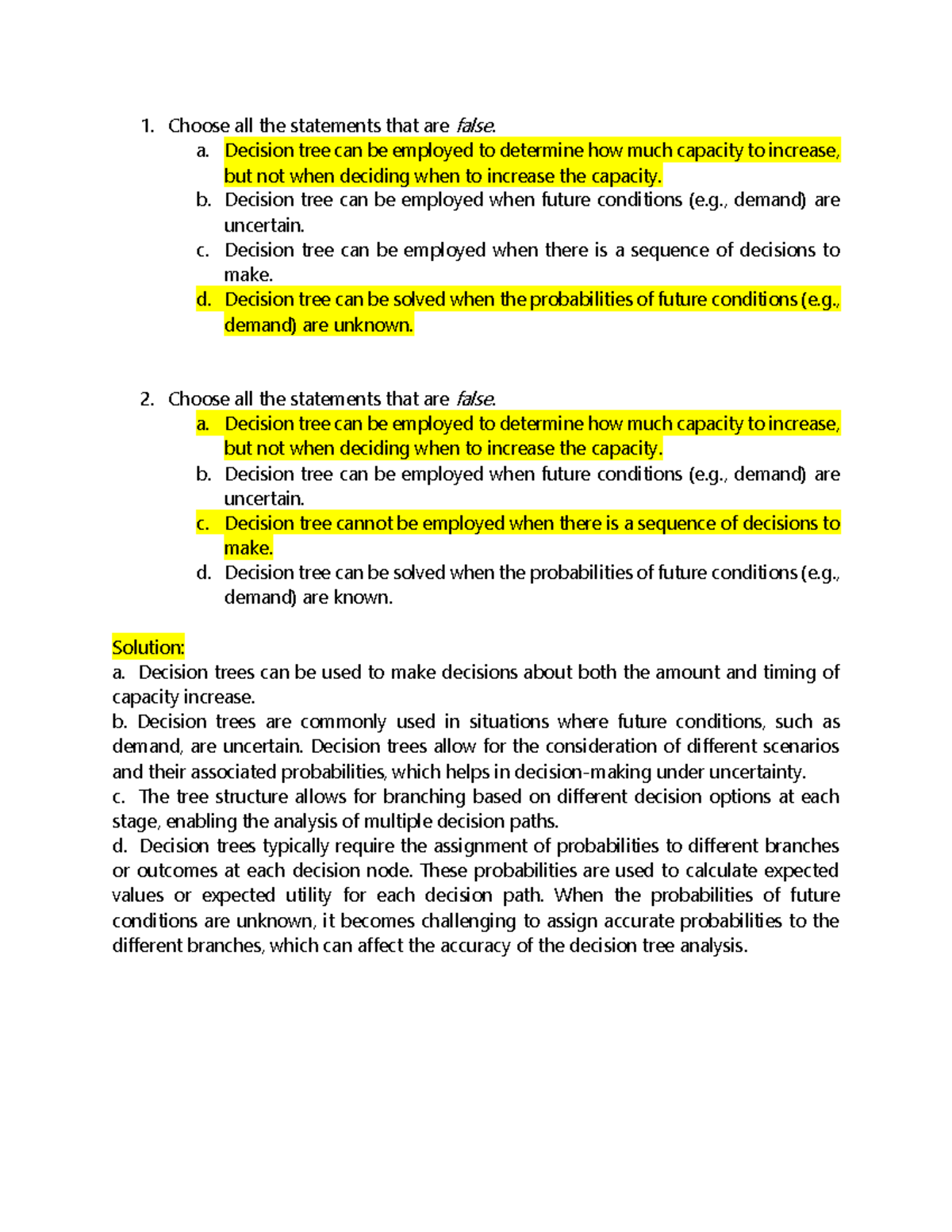 After Class Quiz #2 Solutions - Linear Programming and Decision Trees ...