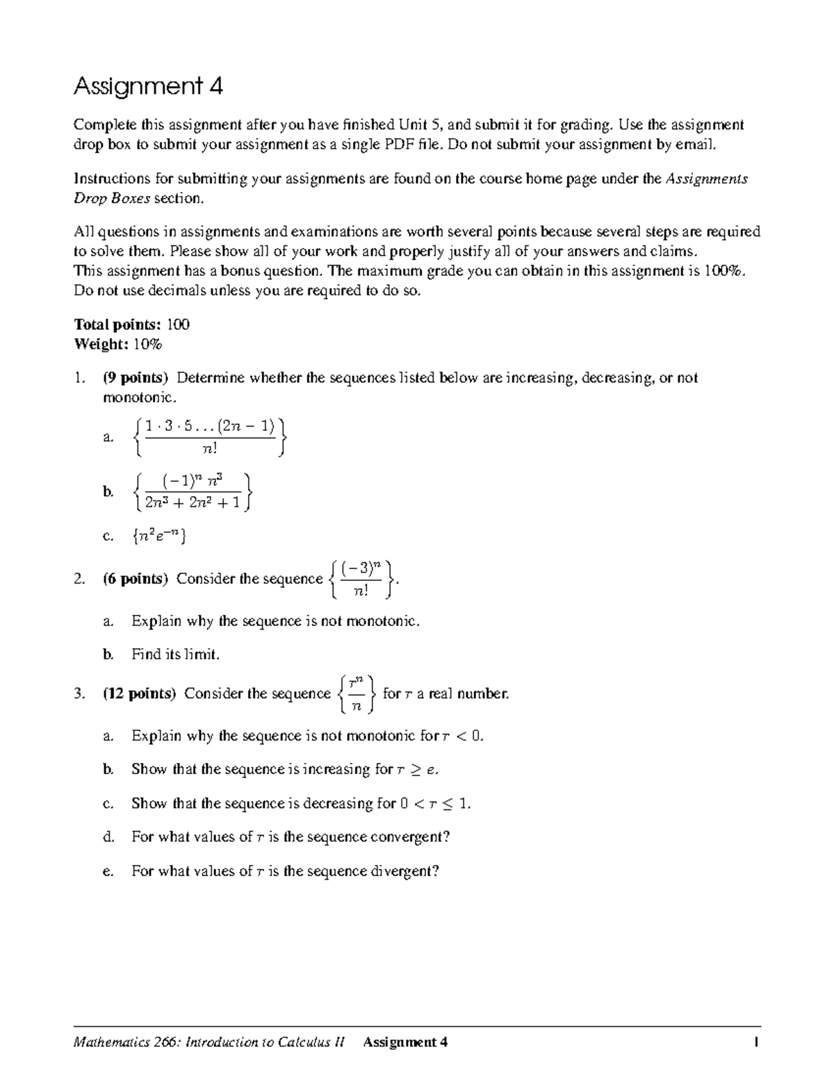 Mathematics 266: Introduction to Calculus II - Assignment 4 Guidelines ...