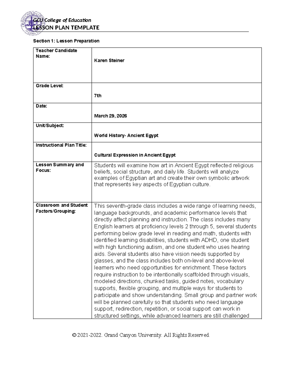 GCU College of Education 7th Grade World History LESSON PLAN: Ancient ...