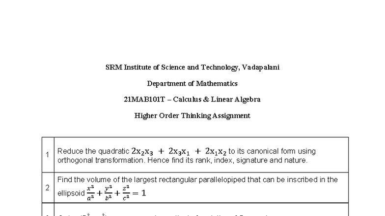 HOT Assignment 1: 21MAB101T Calculus & Linear Algebra Tasks - Studocu