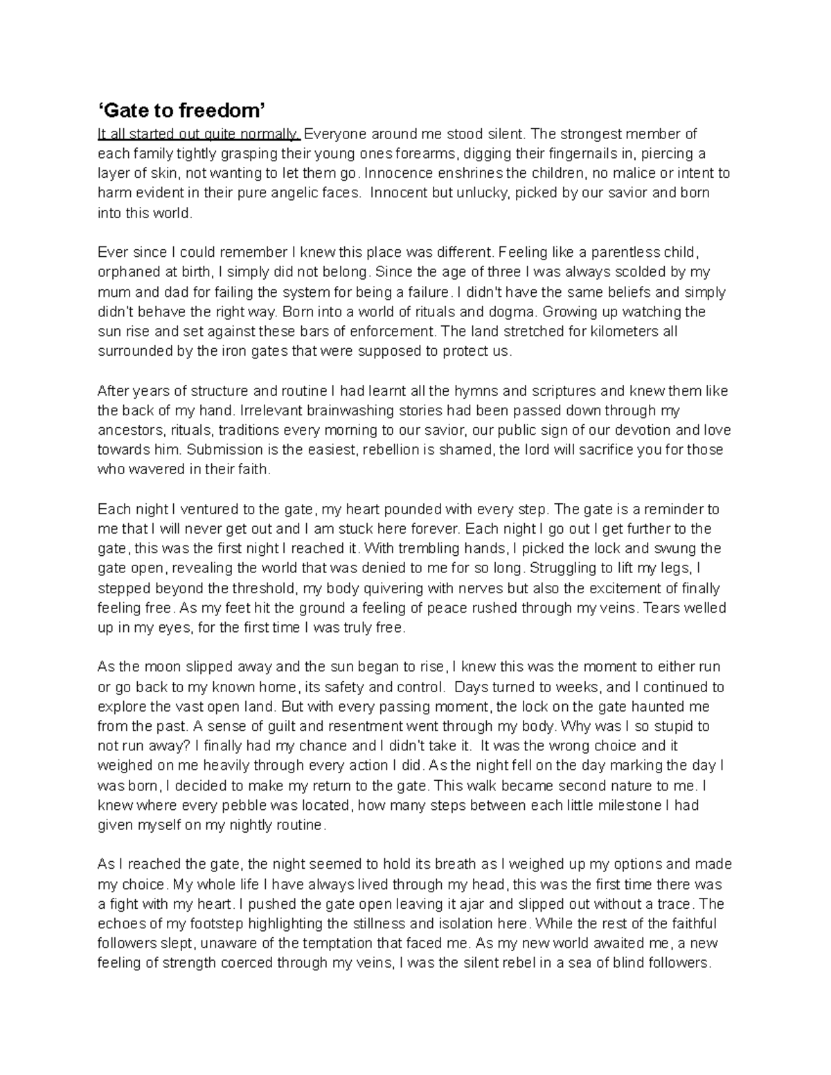 Narrative Essay: 'Gate to Freedom' Exploration of Rebellion - Studocu