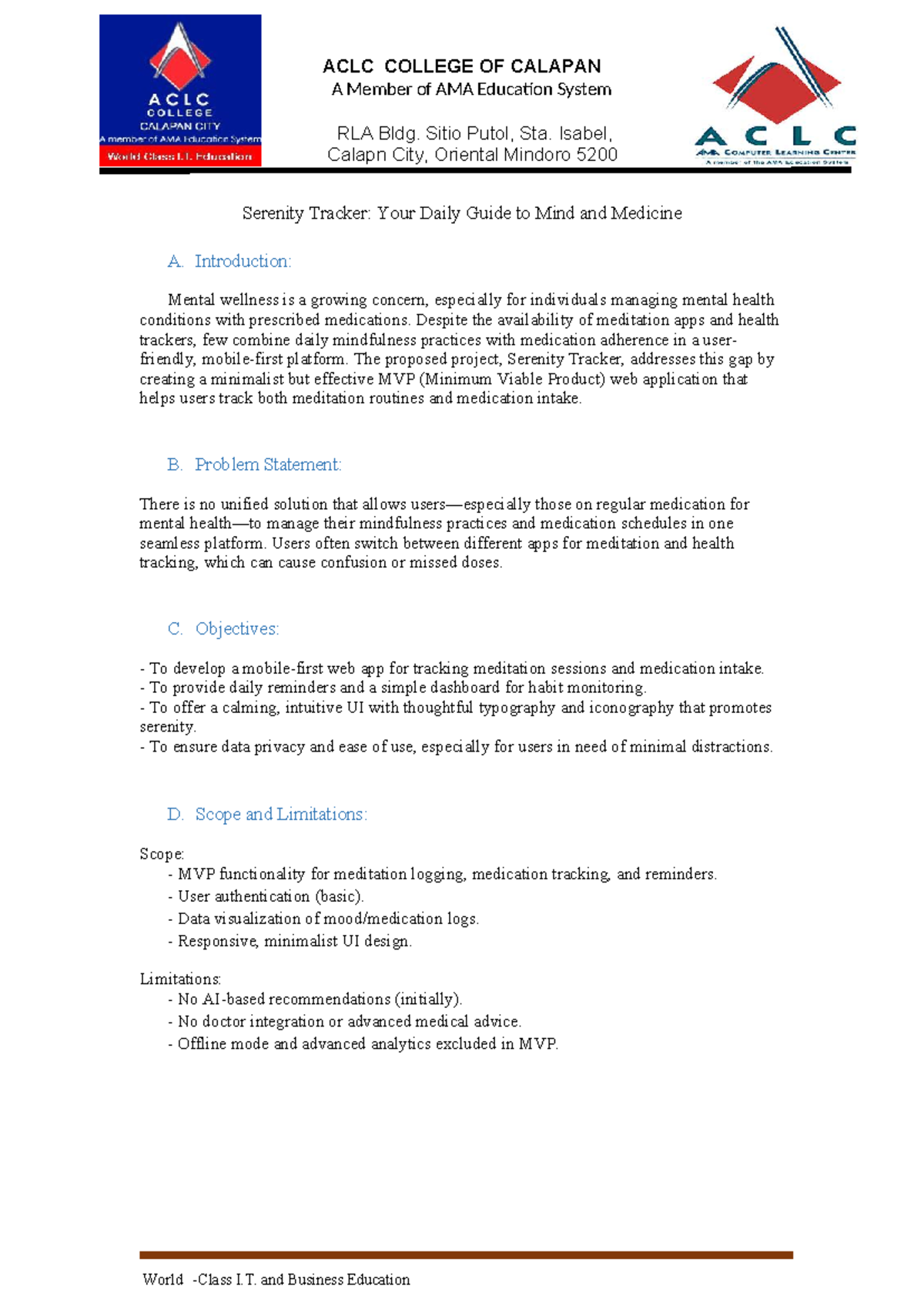 ACLC RLA 101: Serenity Tracker - A Mindfulness & Medication App - Studocu