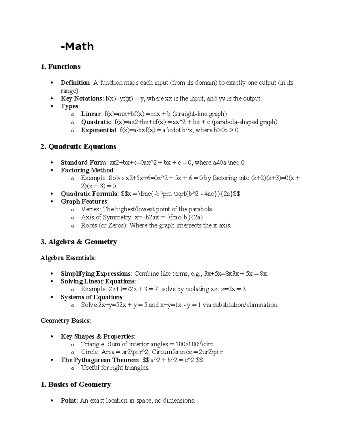 Geometry and Trigonometry Practice Problems and Formulas -Math 1. Functions Definition: A ...