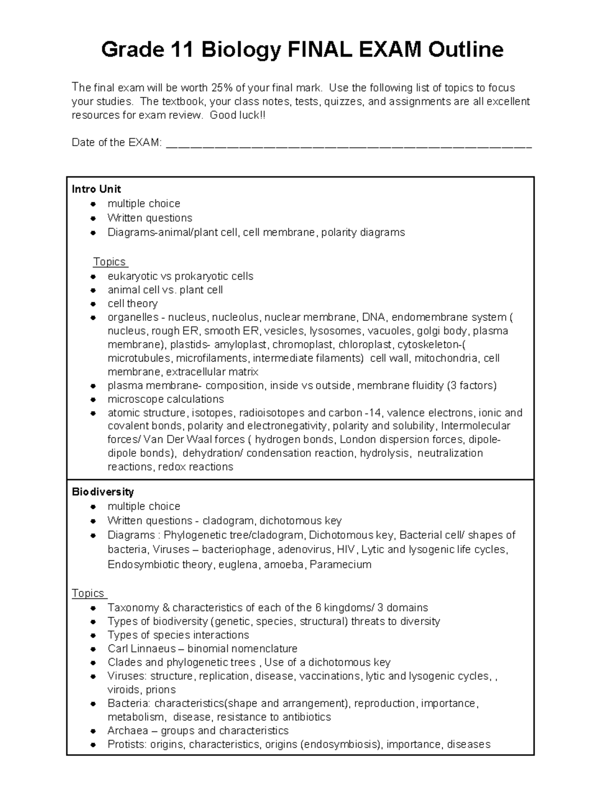 Grade 11 Biology FINAL EXAM Study Guide and Outline - Studocu