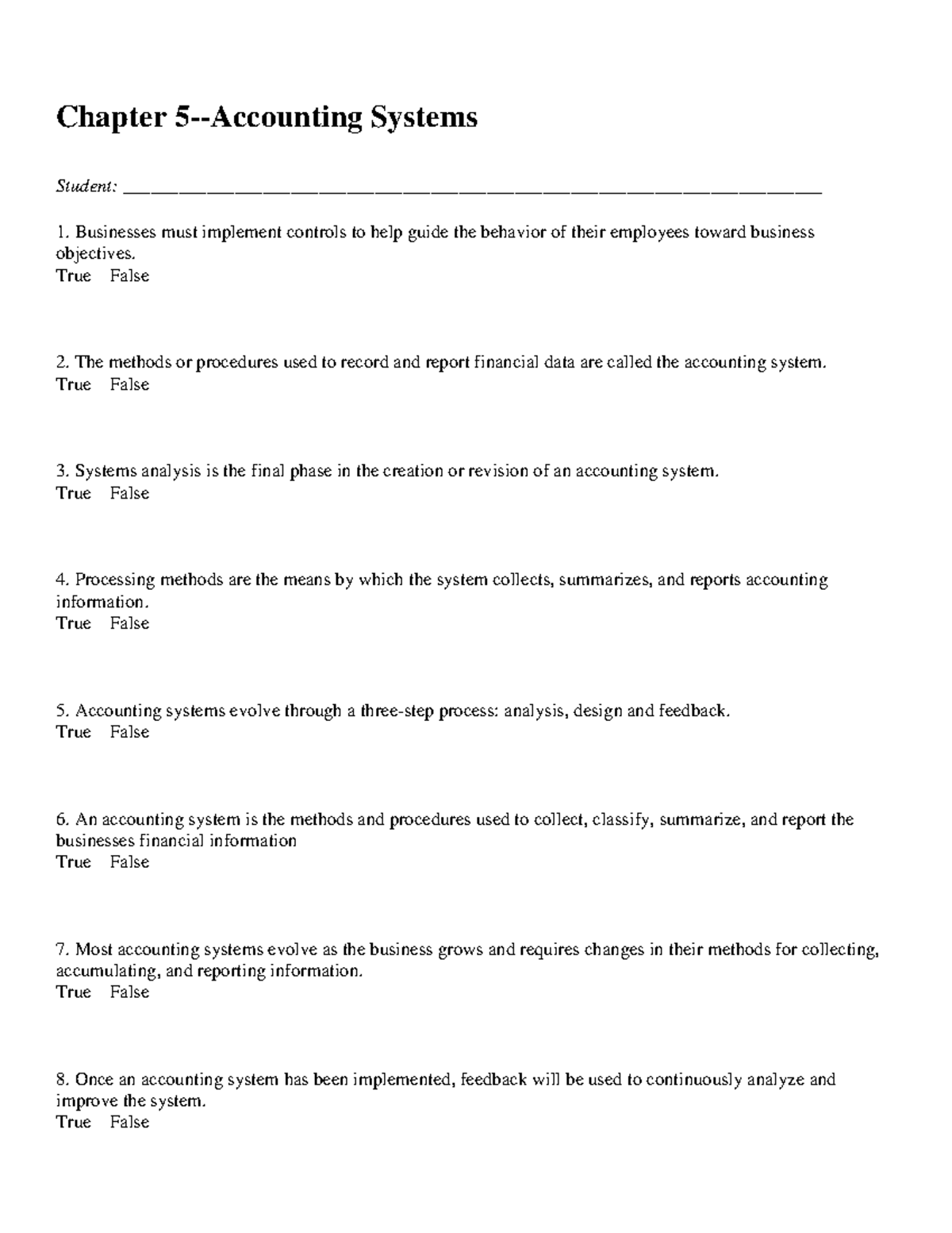 Chapter 5-Accounting Systems - Chapter 5-Accounting Systems Student: - Studocu