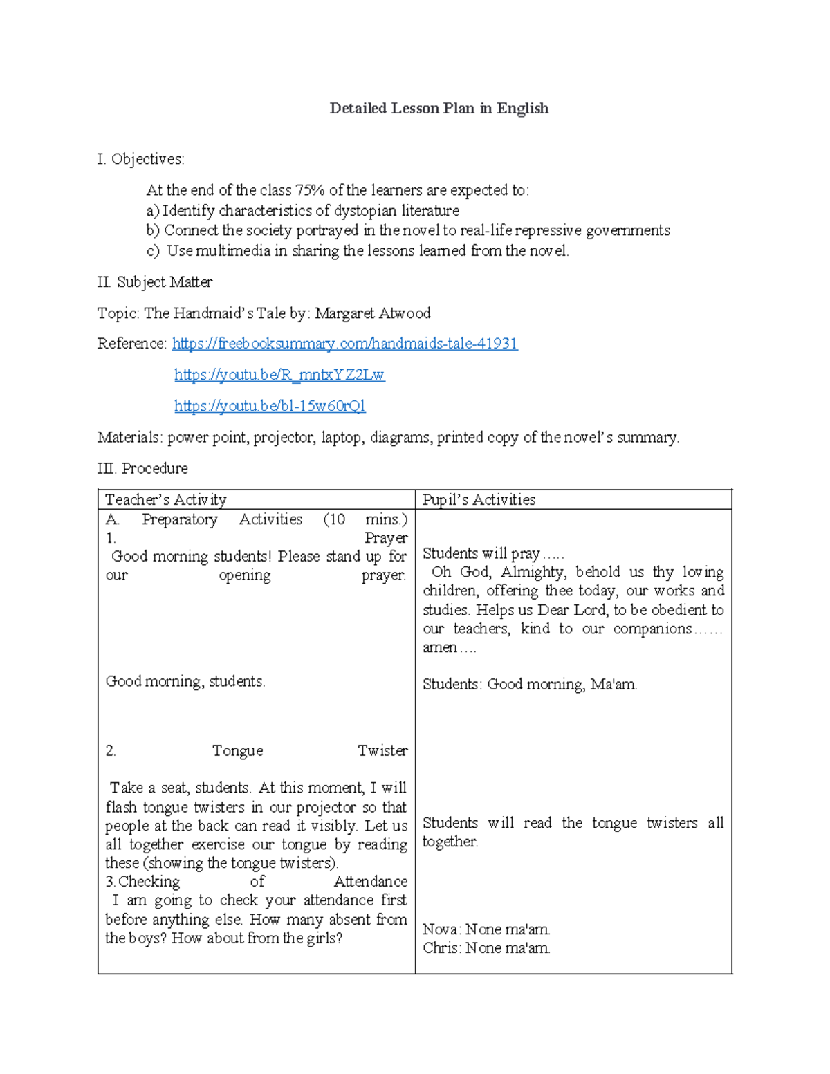 Detailed Lesson Plan - A guide. - Detailed Lesson Plan in English I ...
