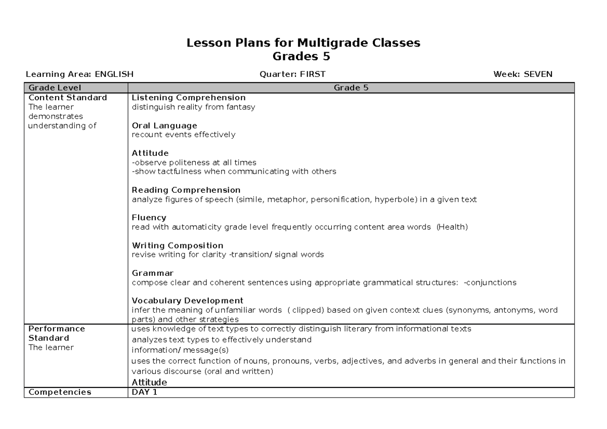 English 5 Q1 W7 - Lesson Plans for Multigrade Classes - Studocu