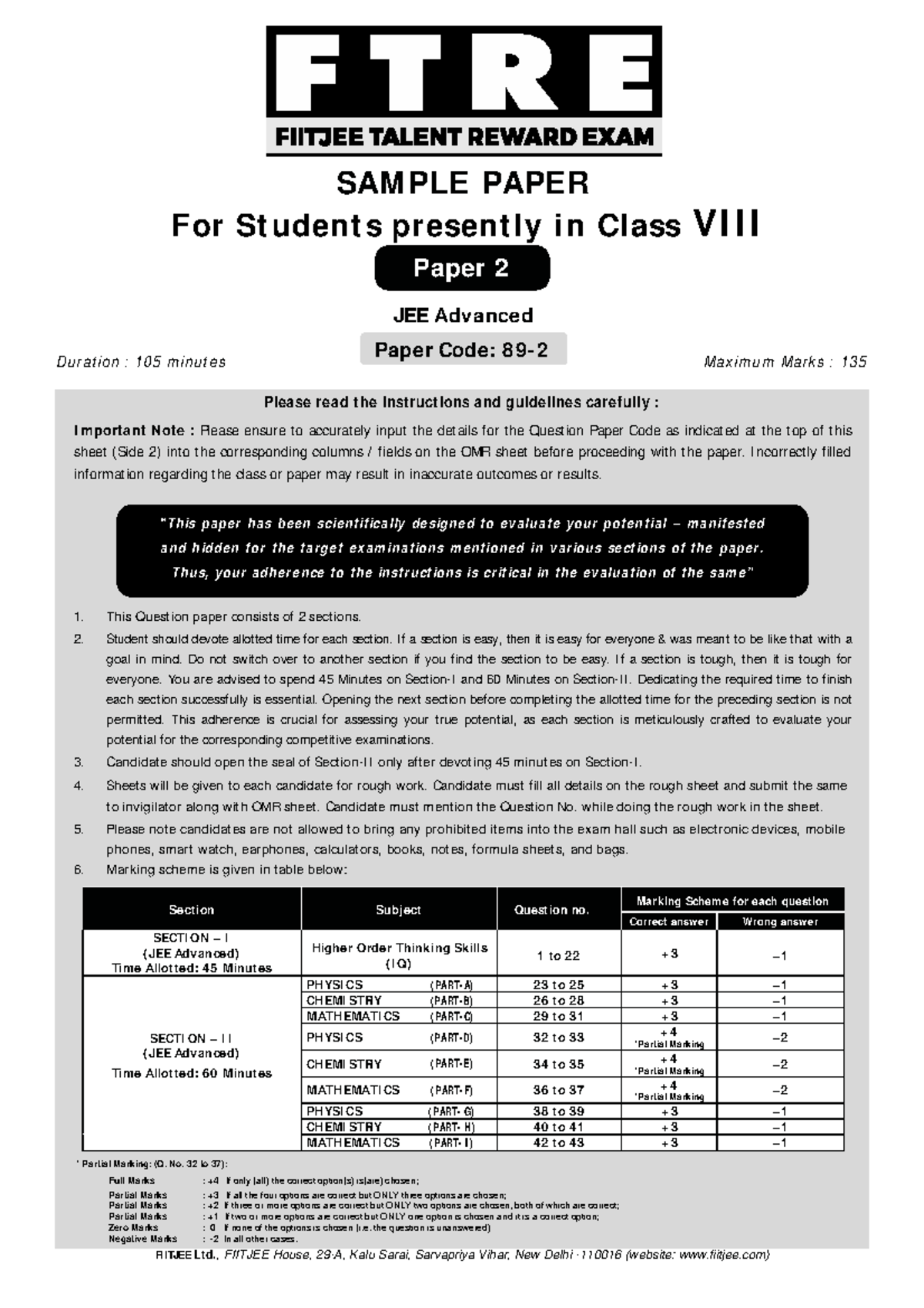 FTRE-2024 Sample Paper - Class VIII - Exam Duration 105 Mins - Studocu