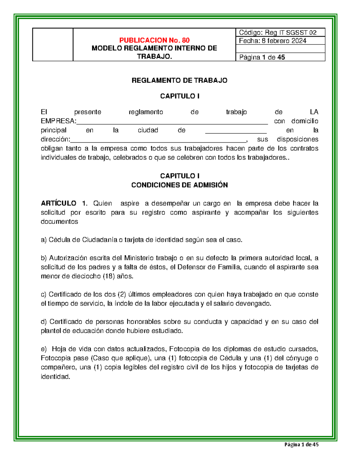 Modelo Reglamento Interno de Trabajo 2025 - Reg IT SGSST 02 - Studocu