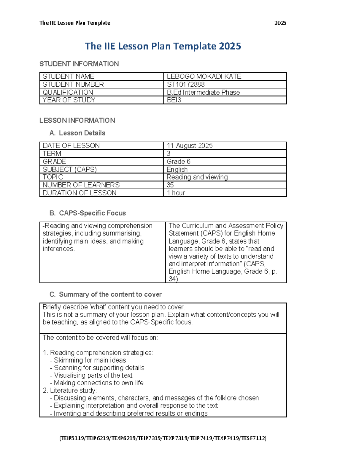 IIE Lesson Plan Template 2025: Grade 6 English Reading Strategies - Studocu