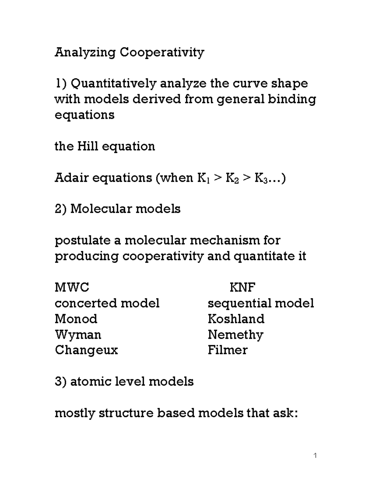 10.MWC-KNF models - lecture notes - Analyzing Cooperativity 1 ...