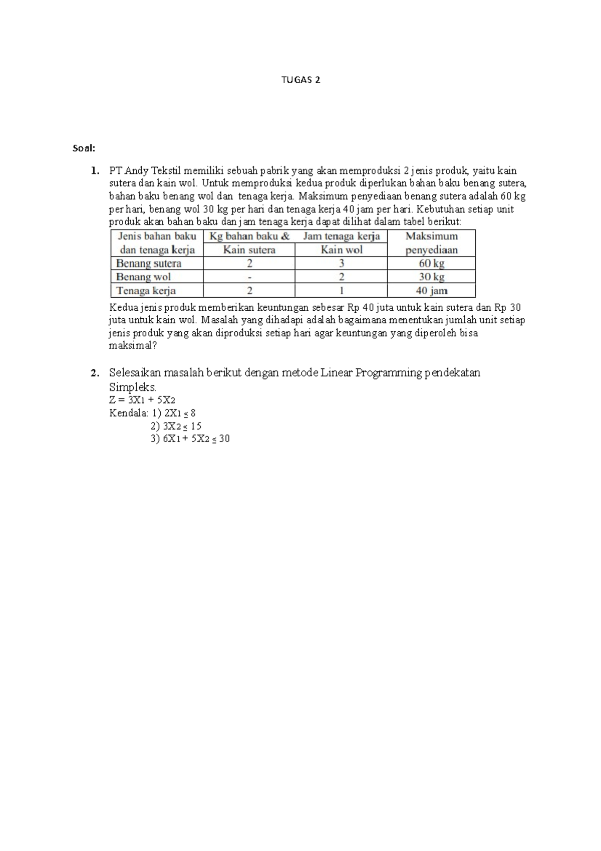 Tugas 2: Linear Programming Metode Simpleks untuk Optimalisasi Produksi ...