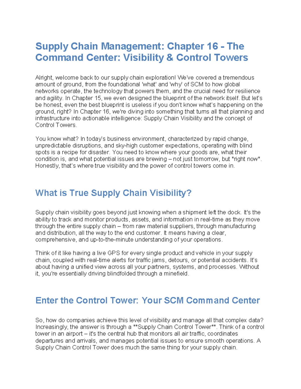 Supply Chain Management: Chapter 16 - Control Towers & Visibility ...