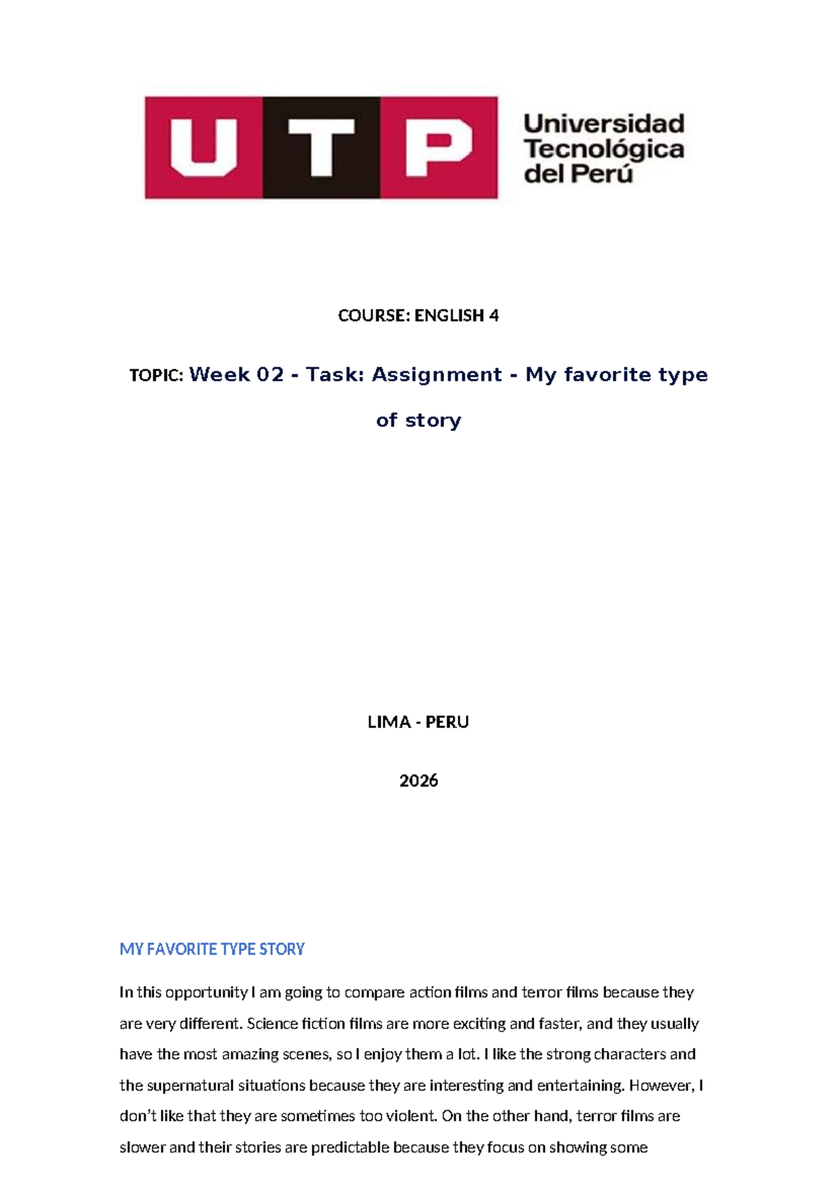 ENGLISH 4: Week 02 Assignment - My Favorite Type of Story - Studocu