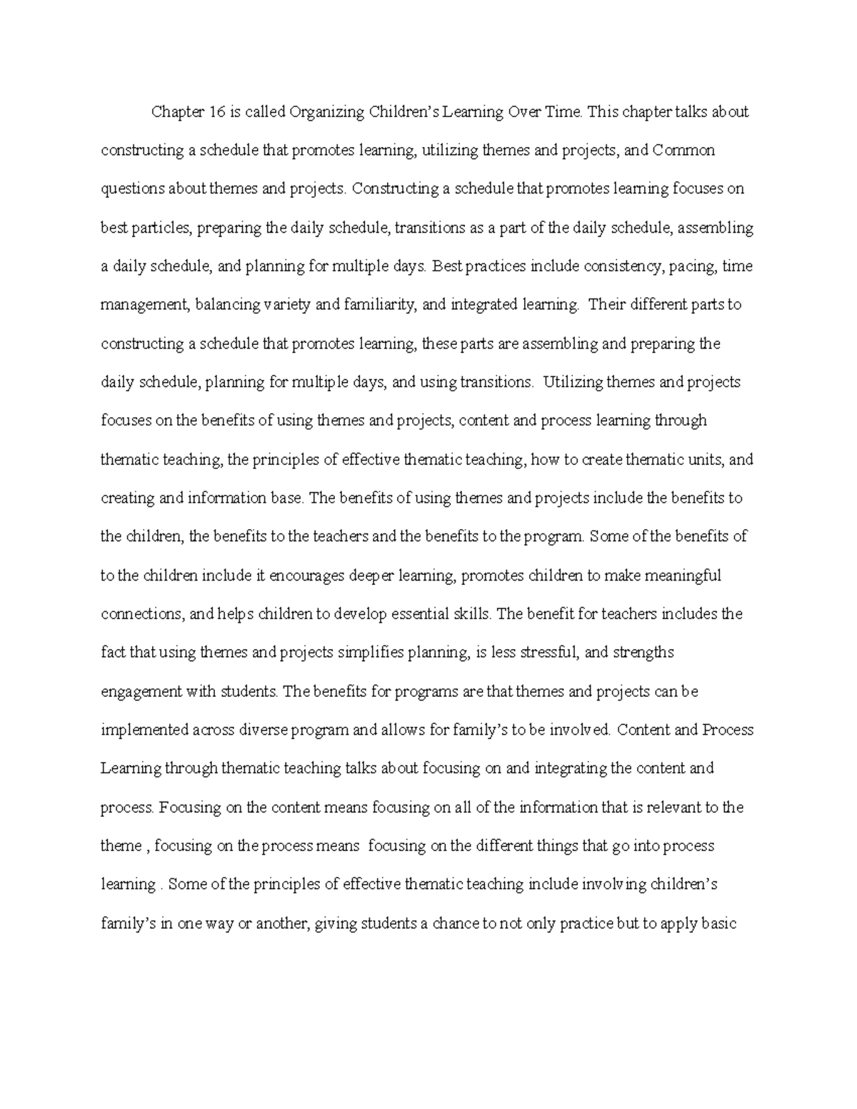 Chapter 16 Summary: Organizing Children's Learning Over Time - Chapter ...