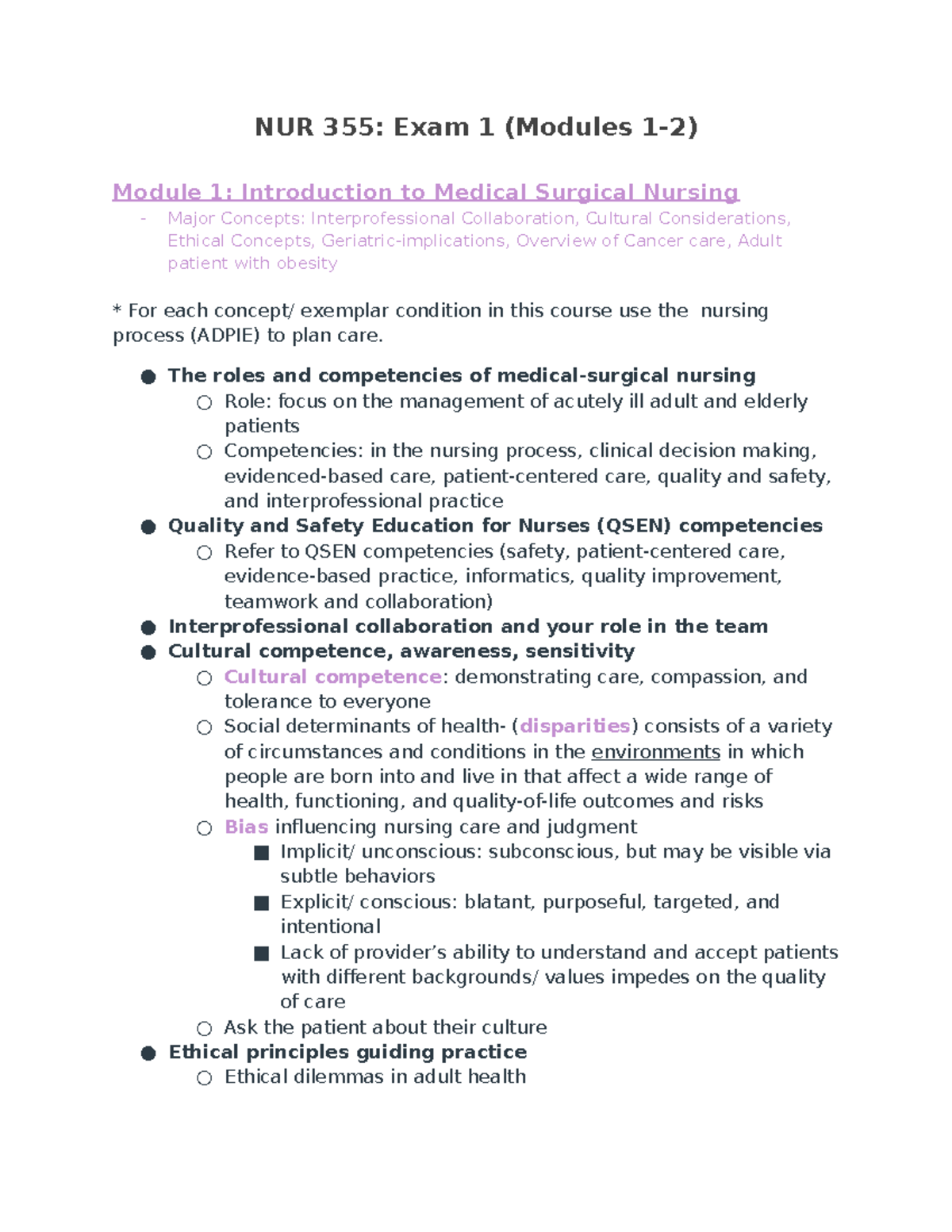 NUR 355: Final Exam Review for Medical Surgical Nursing (Modules 1-2 ...
