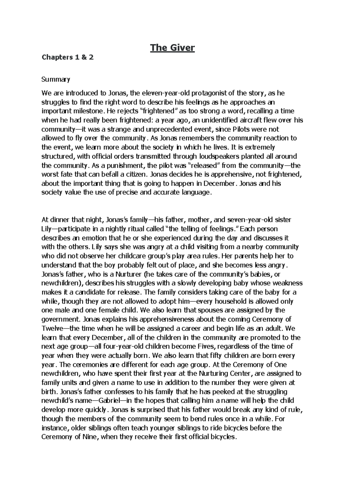 The Giver - Chapters 1-6 - The Giver Chapters 1 & 2 Summary We are ...
