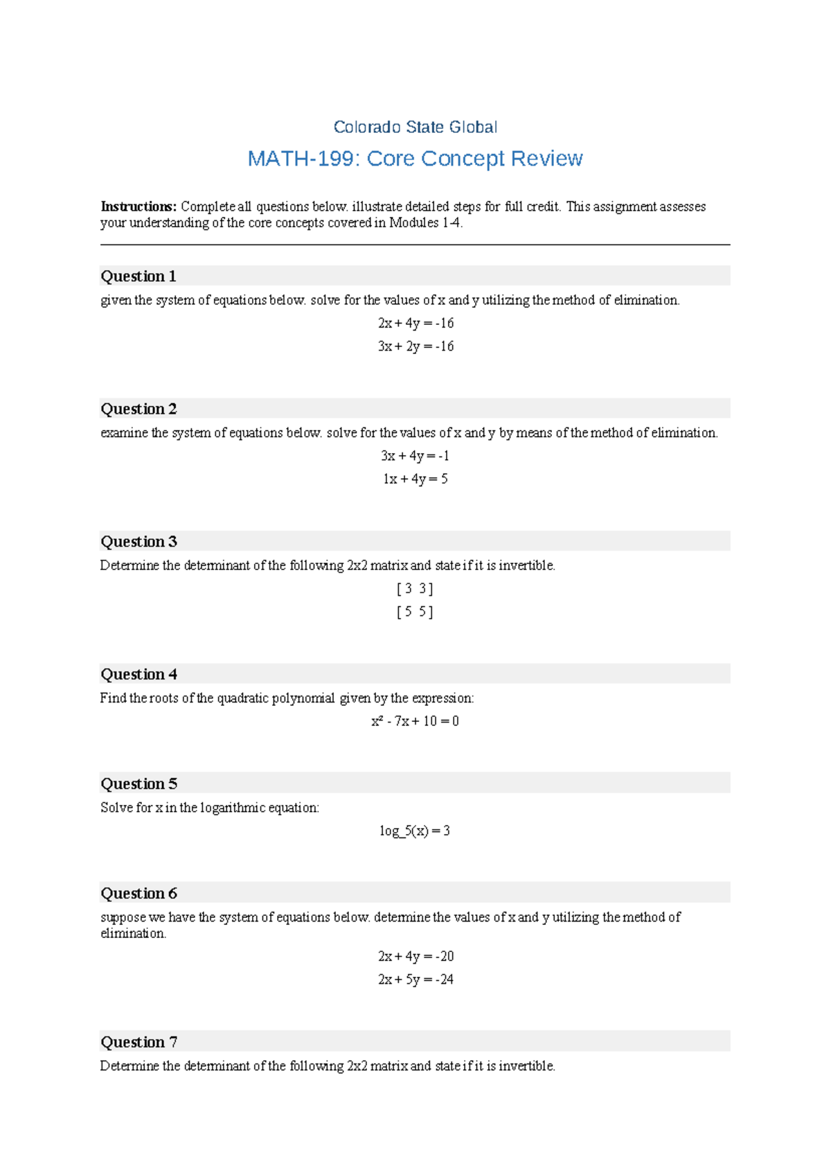 Algebra Core Concept Review 88904419: Elimination & Logarithmic ...
