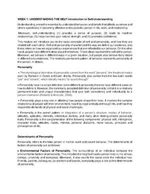 WEEK 5 - Understanding the self of in different classification of ...