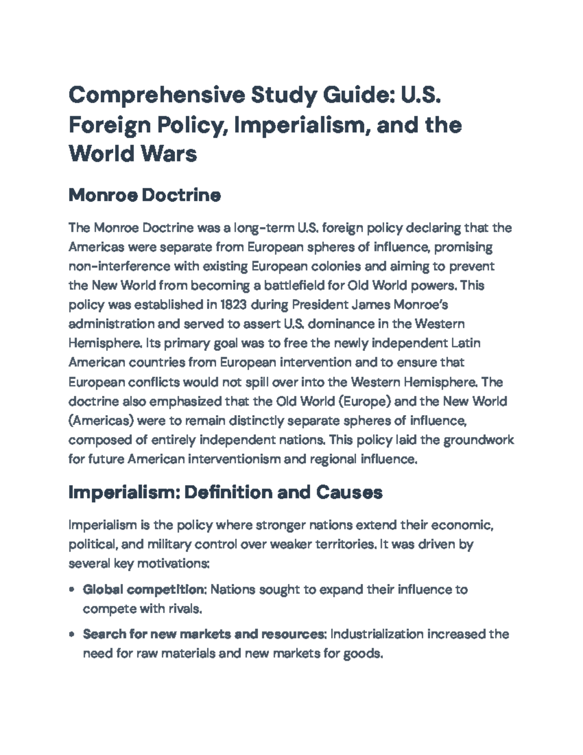 Comprehensive Study Guide: U.S. Foreign Policy & World Wars (HIST 101 ...