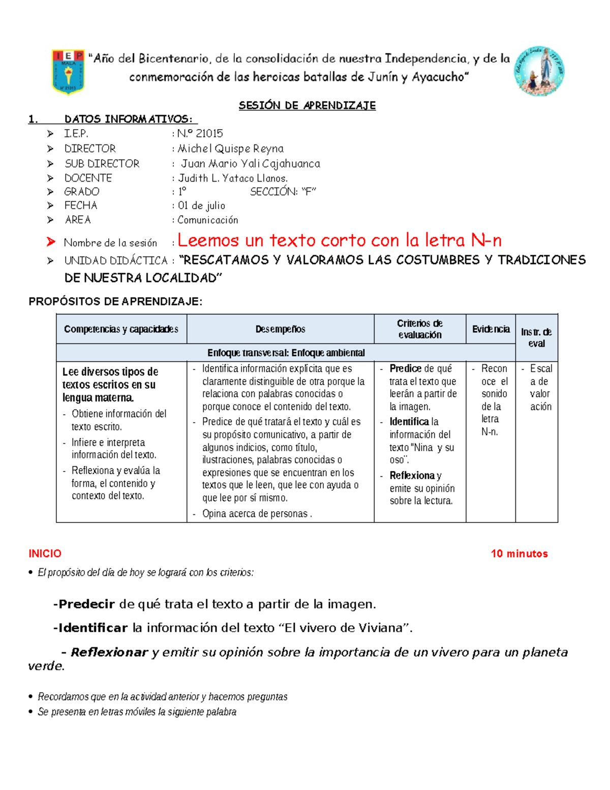 01-07-Leemos un texto corto con la letra N-n - SESIÓN DE APRENDIZAJE 1. DATOS INFORMATIVOS: I.E ...
