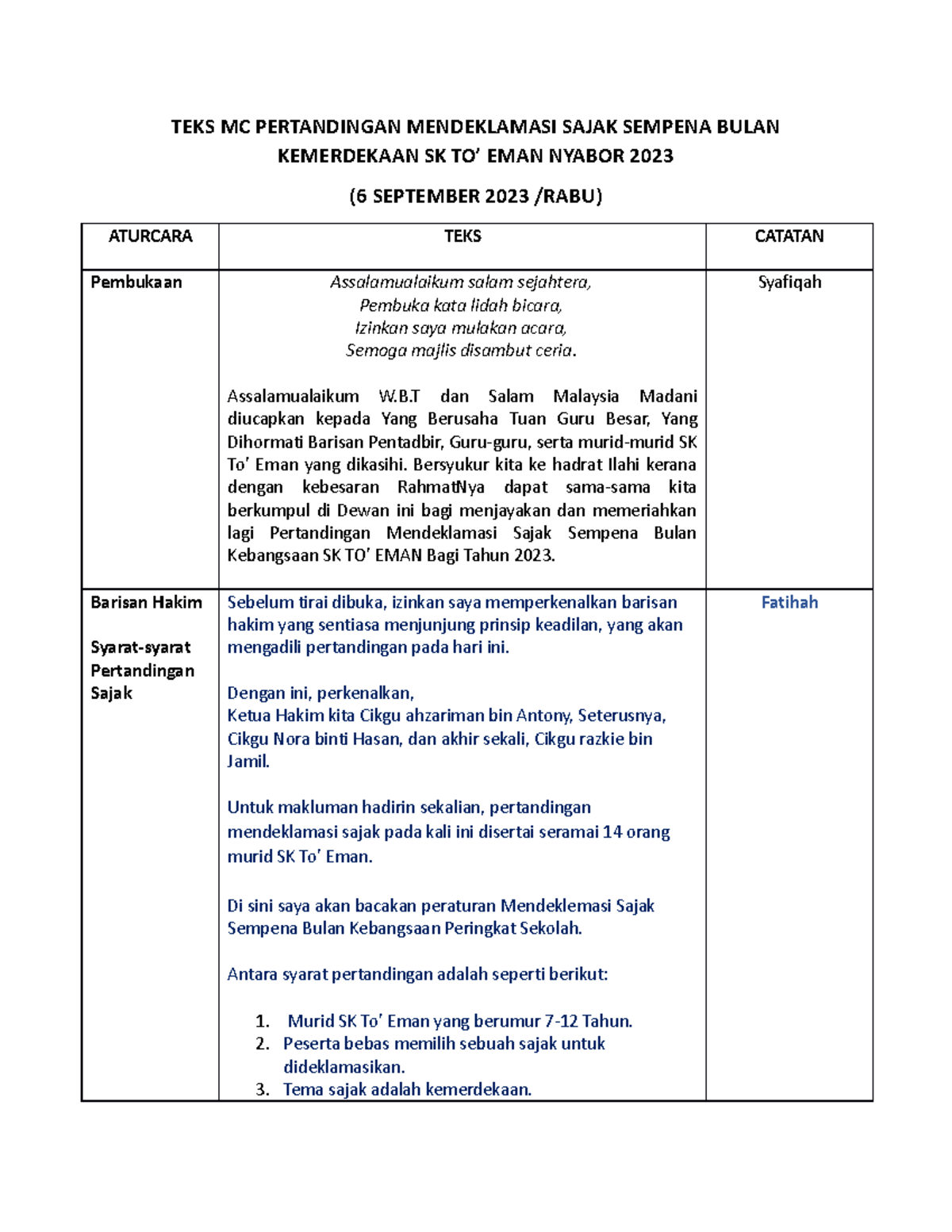 TEKS MC Pertandingan Mendeklamasi Sajak SK To' Eman 2023 - Studocu