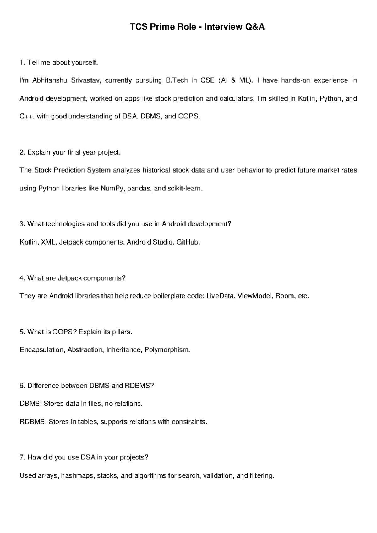 TCS Prime Interview Q&A: Insights from Abhitanshu Srivastav - Studocu