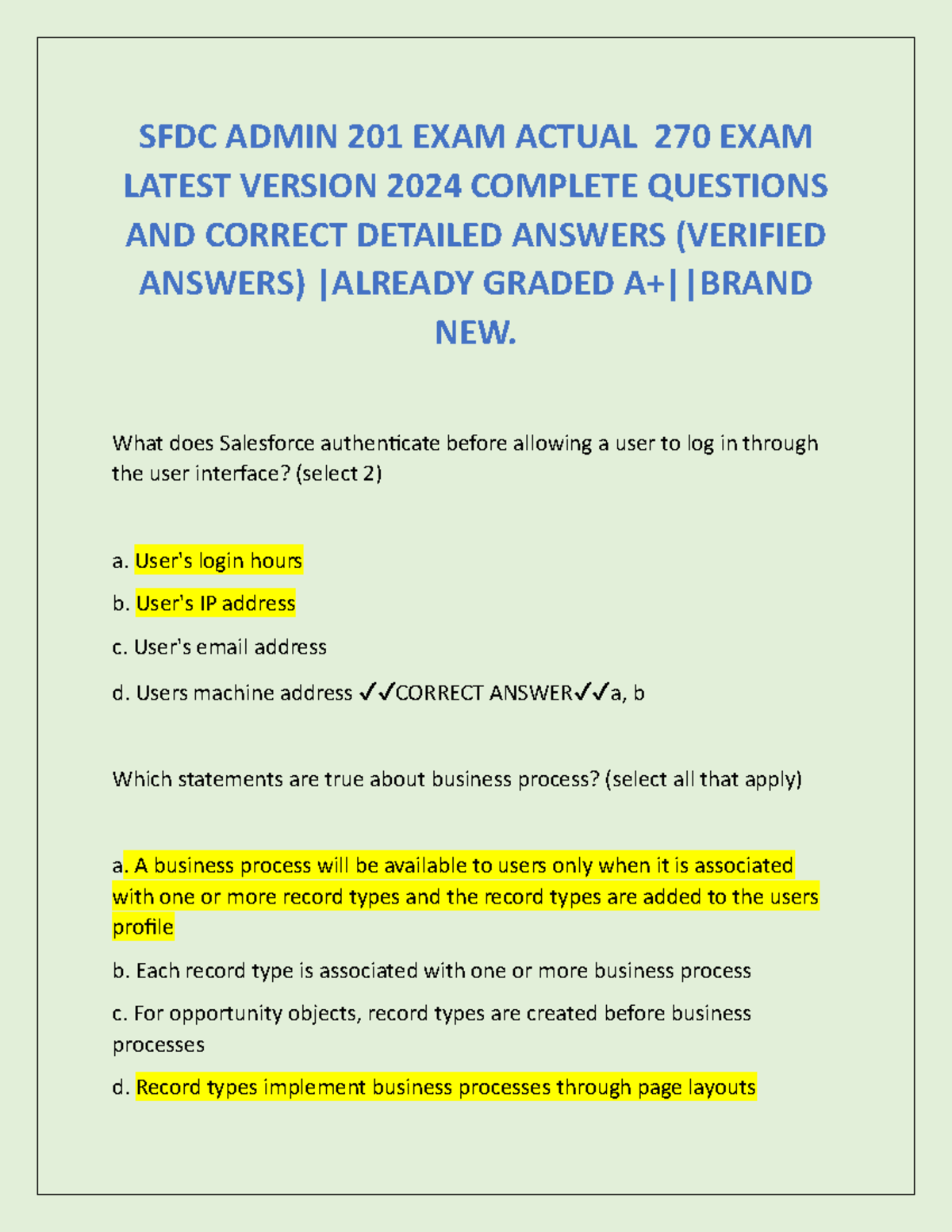 SFDC Admin 201 EXAM Actual 270 EXAM Latest Version 2024 Complete ...