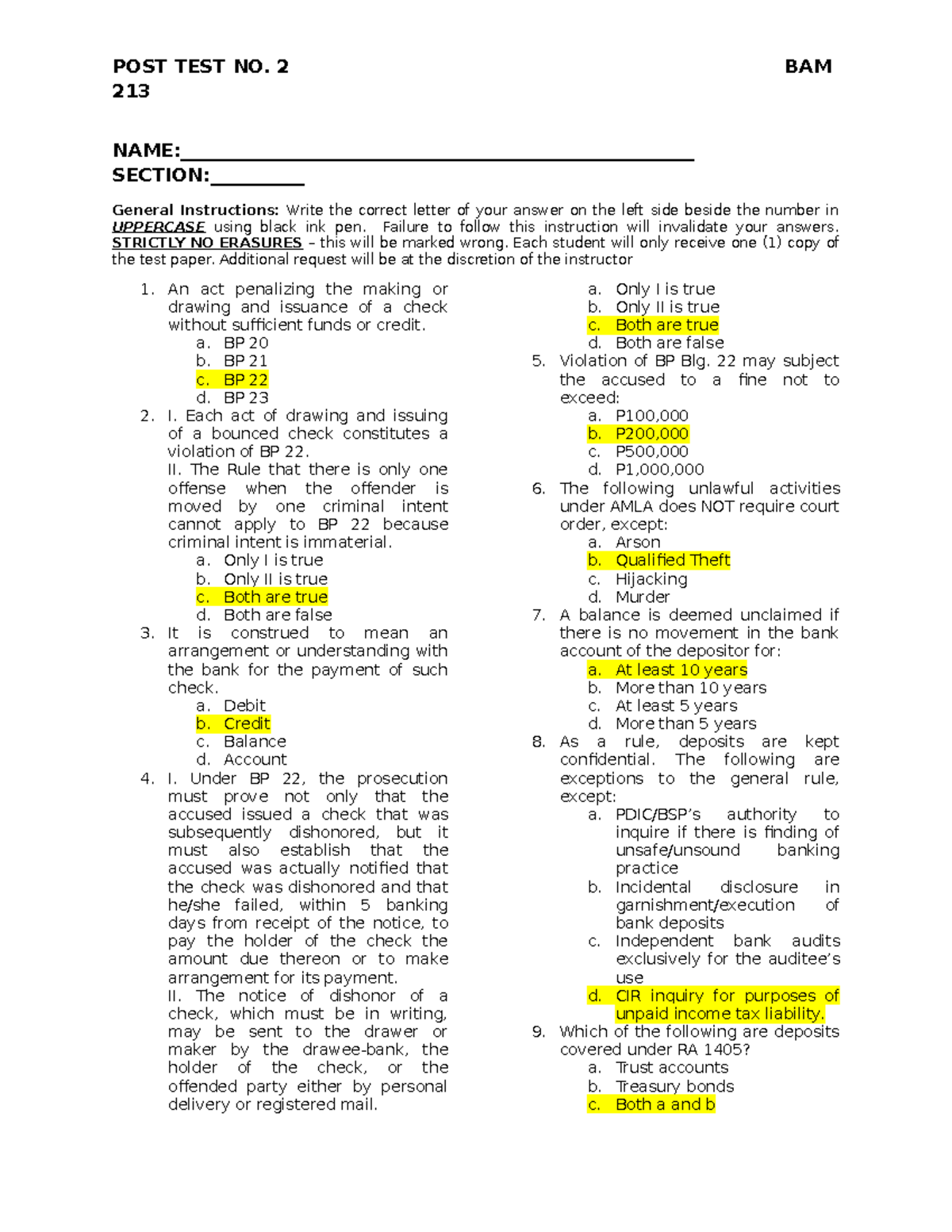 POST TEST NO. 2 213 BAM - Practice Questions and Instructions - Studocu
