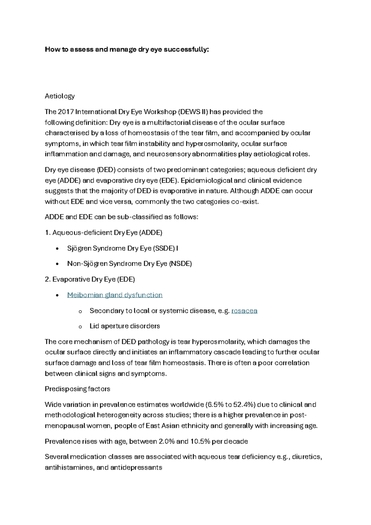 Managing Dry Eye Disease: Insights from DEWS II Guidelines - Studocu