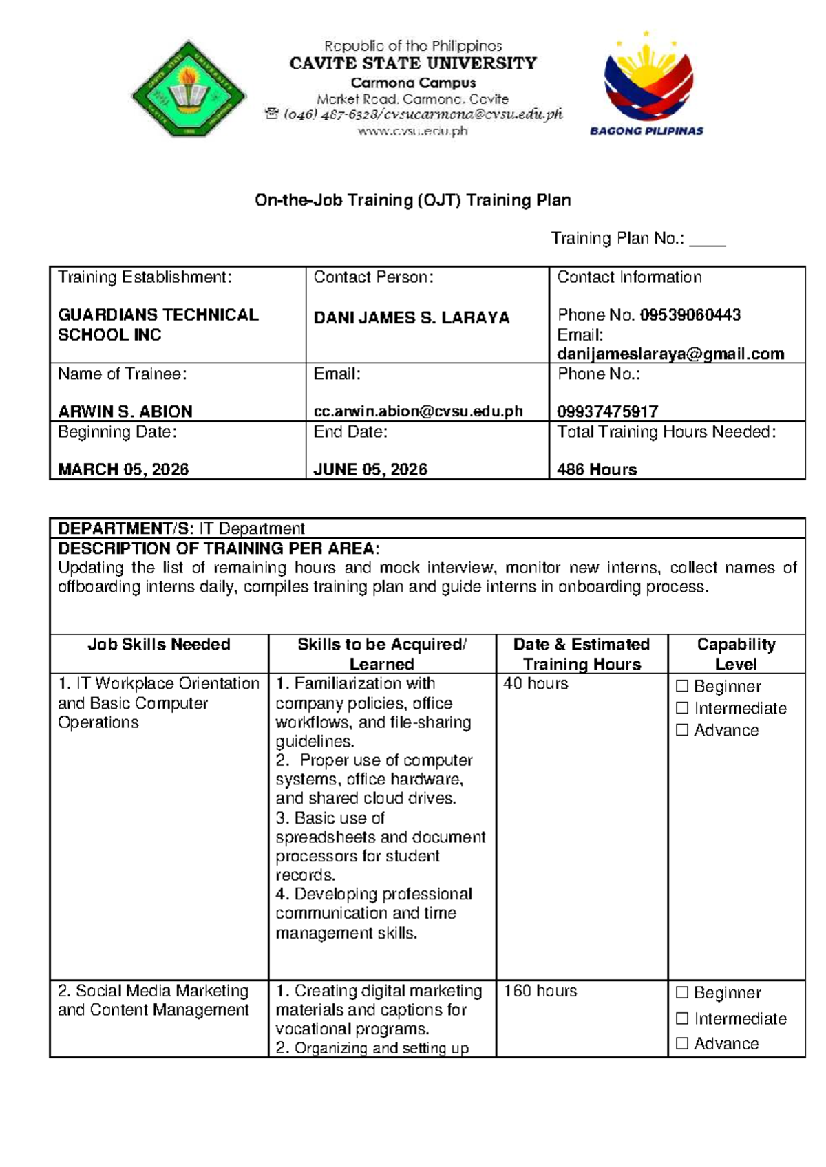 OJT Training Plan for Arwin S. Abion - GUARDIANS TECHNICAL SCHOOL INC ...
