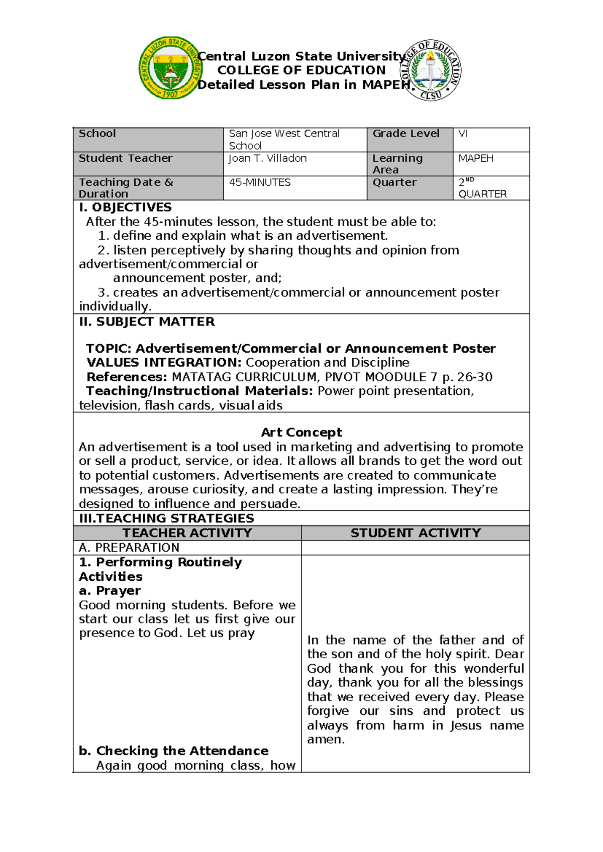 Detailed Lesson Plan in MAPEH for Grade 6: Creating Advertisements ...
