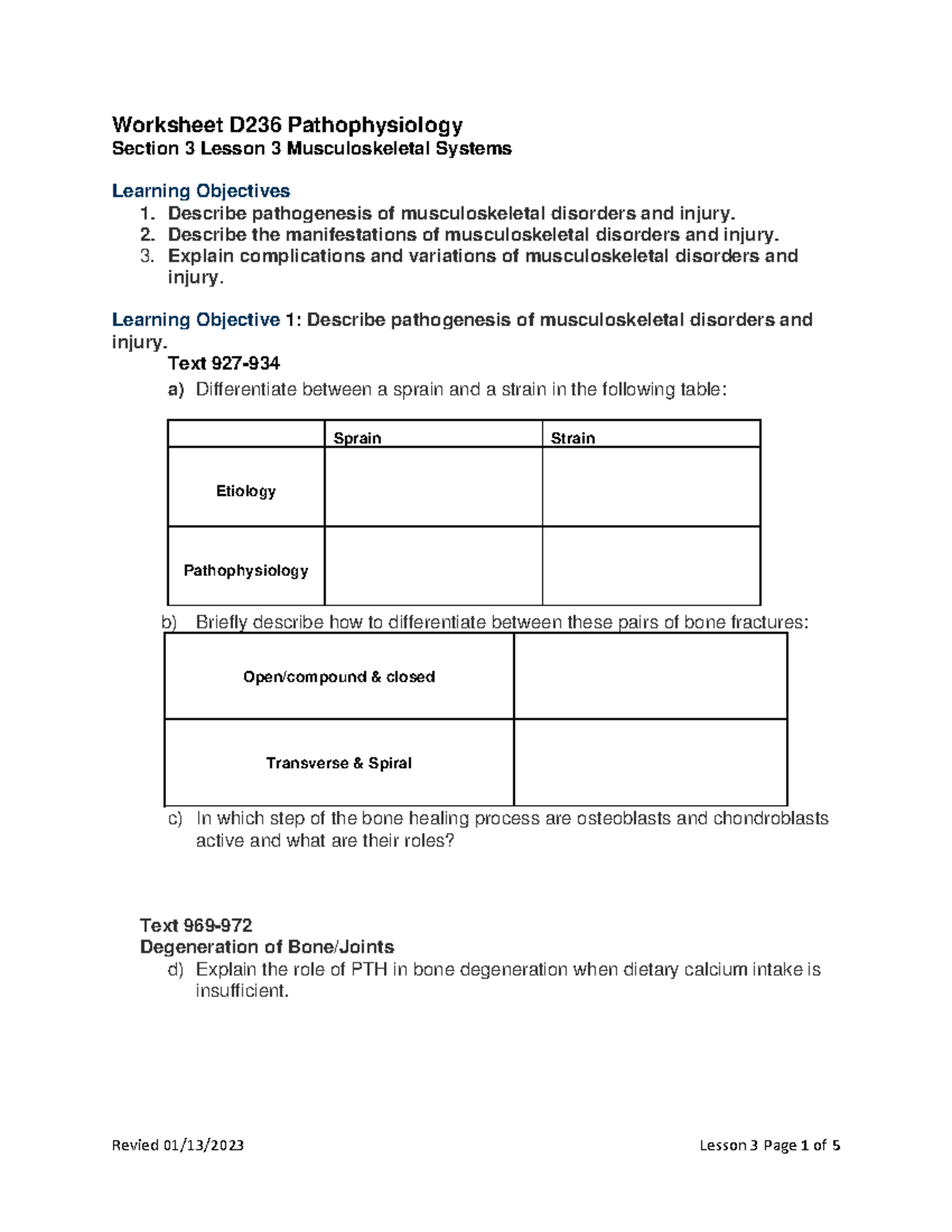 Lesson 3 Musculoskeletal System - Worksheet D236 Pathophysiology ...