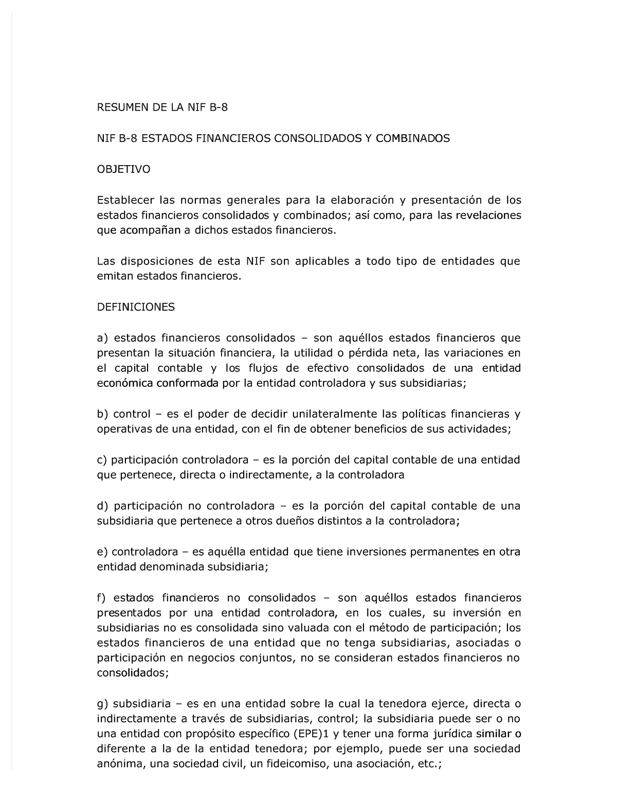Resumen de la NIF B-8: Estados Financieros Consolidados y Combinados ...