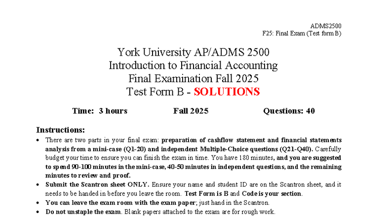 ADMS2500 F25: Final Exam (Test Form B) Solutions and Guidelines - Studocu