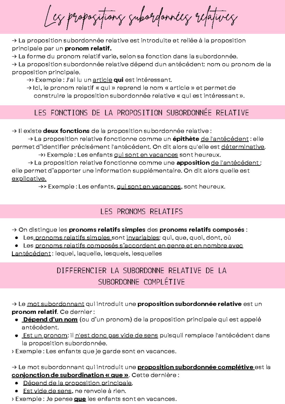Fiche PSR - Propositions Subordonnées Relatives et Grammaire - Studocu