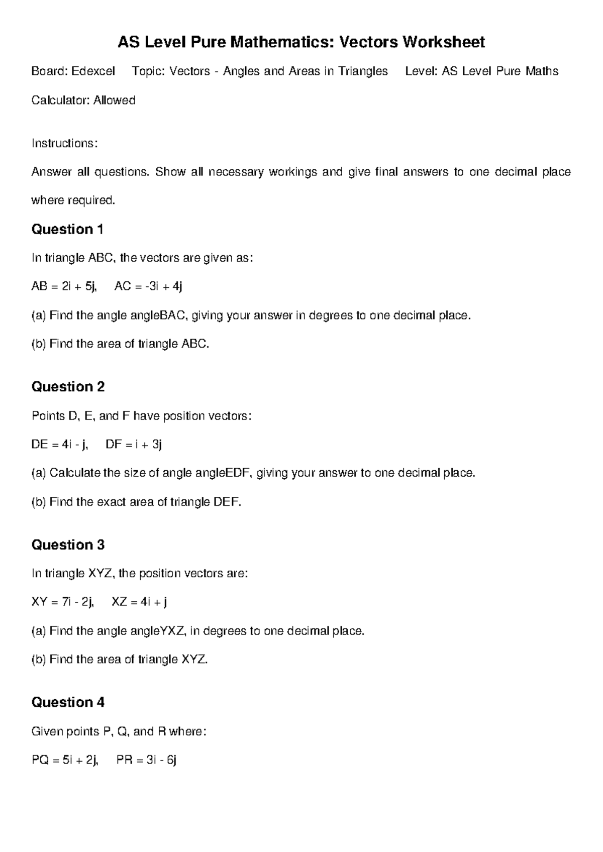 AS Level Pure Mathematics: Vectors Worksheet (Edexcel) - Studocu
