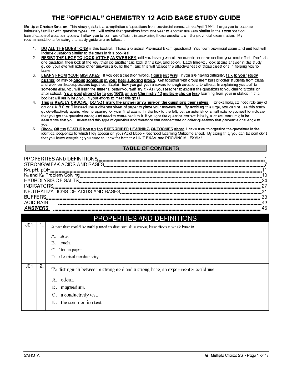 Chemistry 12 Acid-Base Study Guide: Multiple Choice Review - Studocu