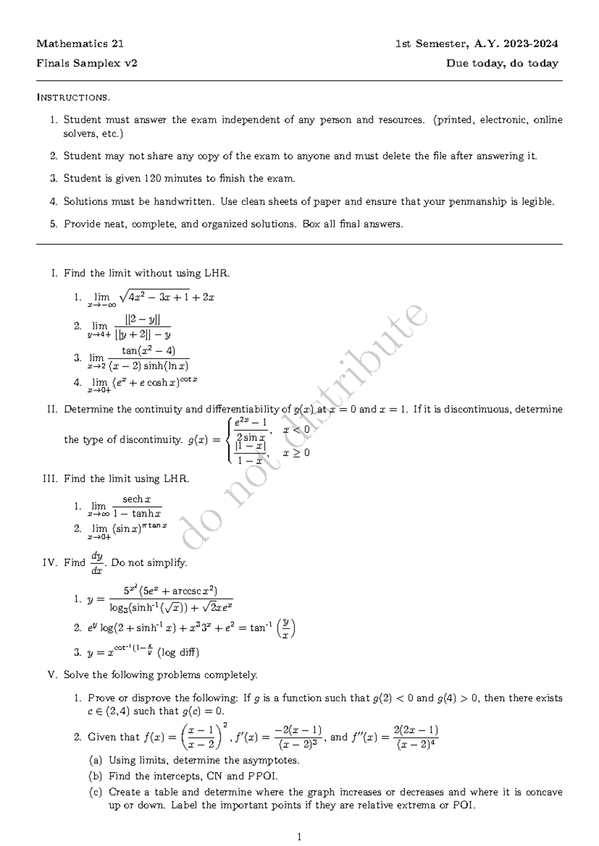 Math 21 Finals Samplex v2 and v3 Instructions and Problems - Studocu
