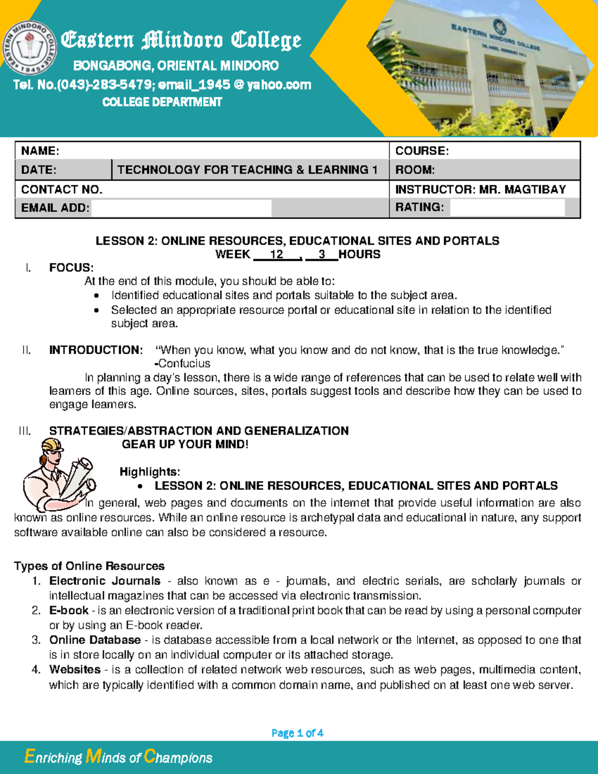 Module 4- Lesson 2 - TECHNOLOGY FOR TEACHING AND LEARNING (TTL1) - Page ...
