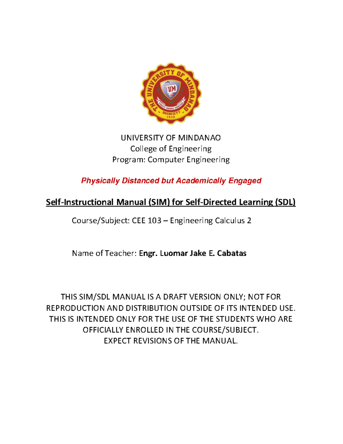 CEE-103 SIM: Self-Instructional Manual for Engineering Calculus 2 - Studocu