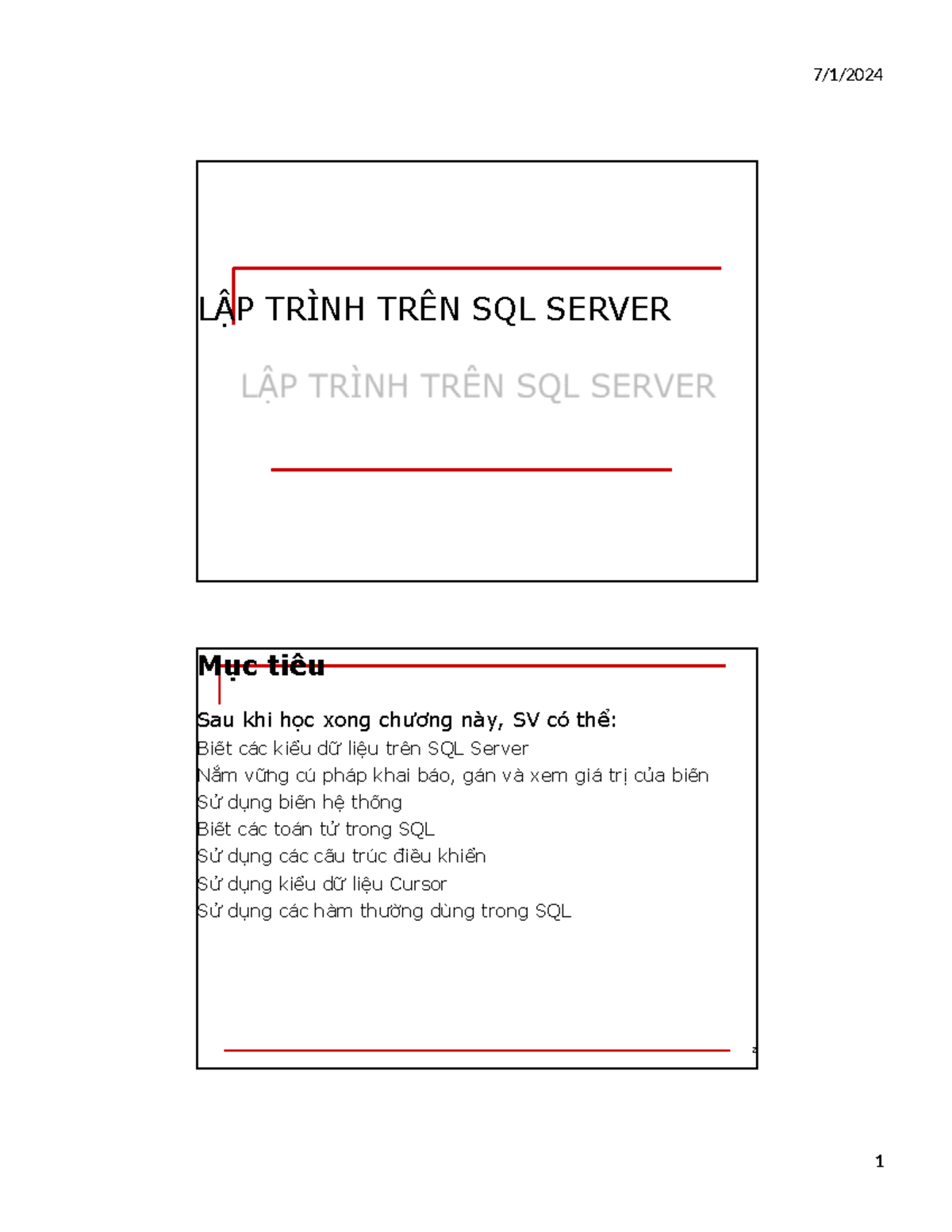 Lap trinh tren SQL Server - Mục tiêu Sau khi học xong chương này, SV có ...