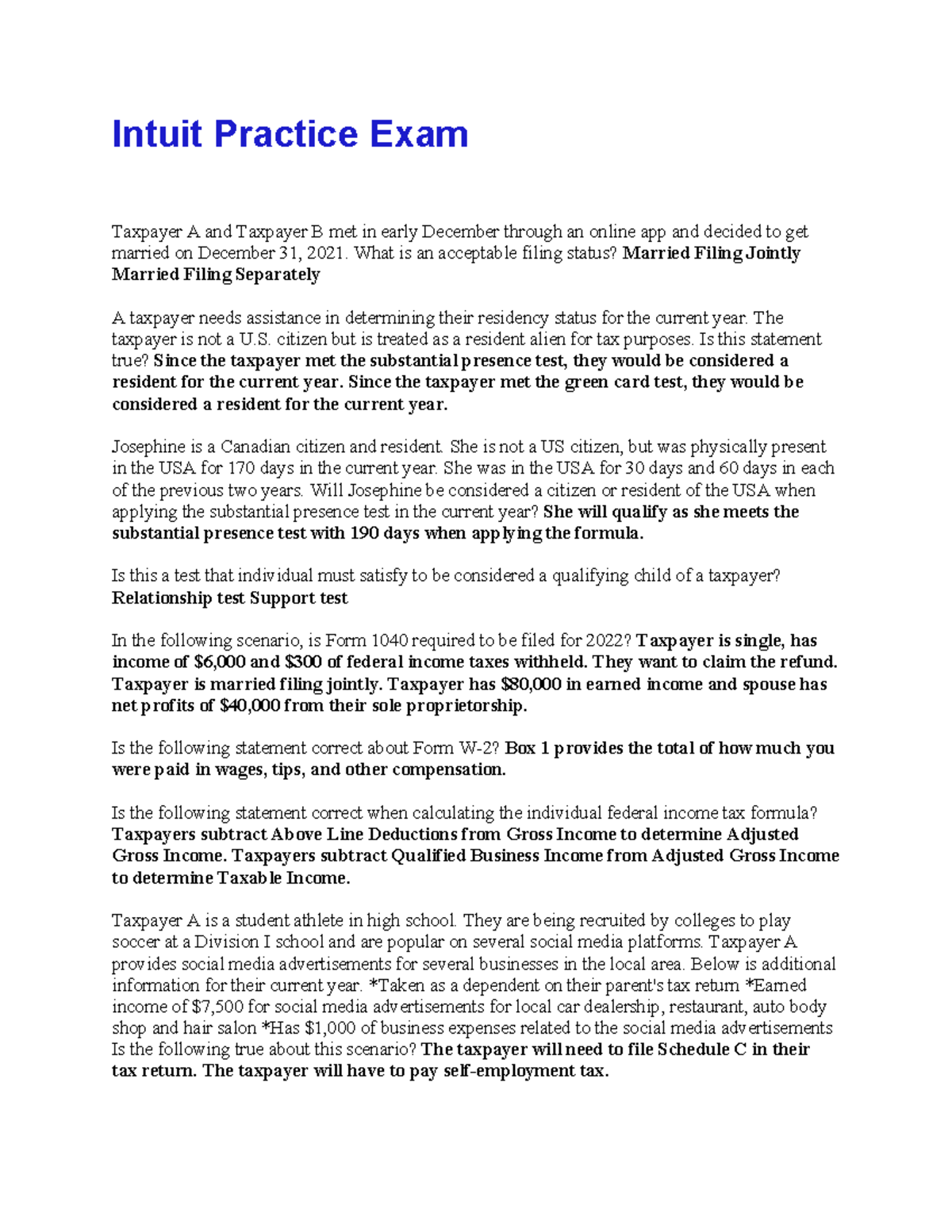Intuit Practice Exam: Filing Status & Residency Determinations - Studocu